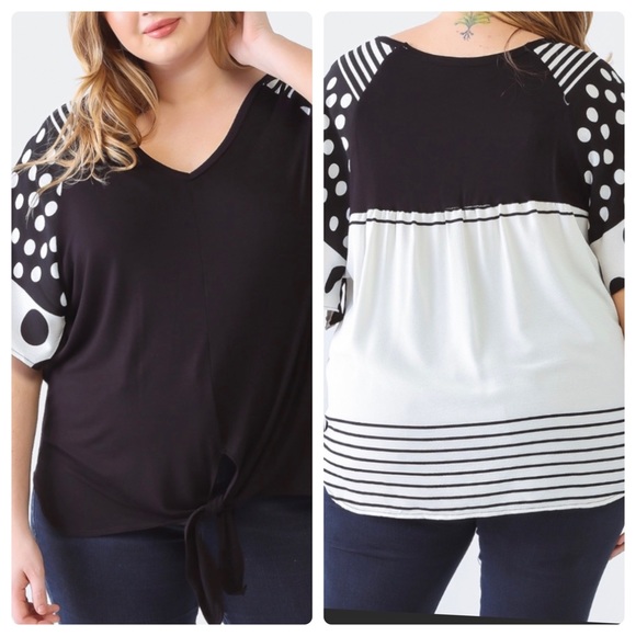Tops | New Plus Size Black Line Polkadot Short Sleeve Self Tie Top ...